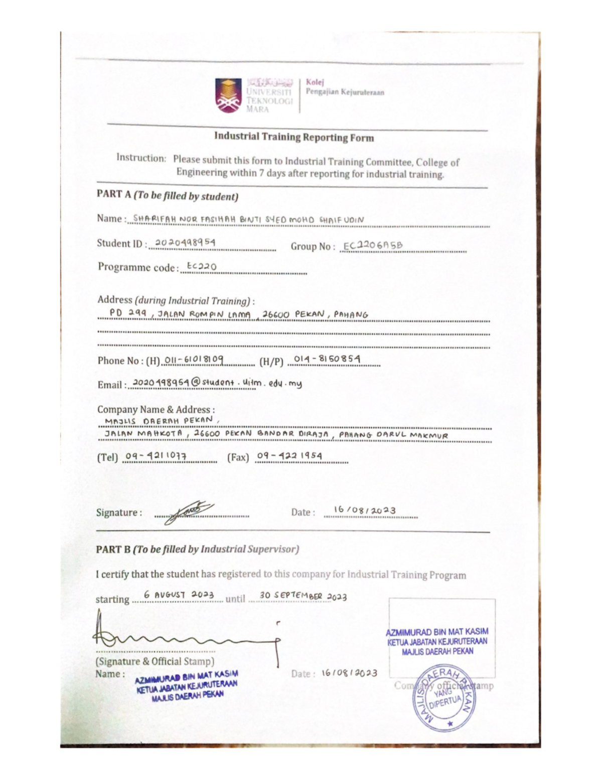 Industrial Training Reporting FORM - Technopreneurship - Studocu
