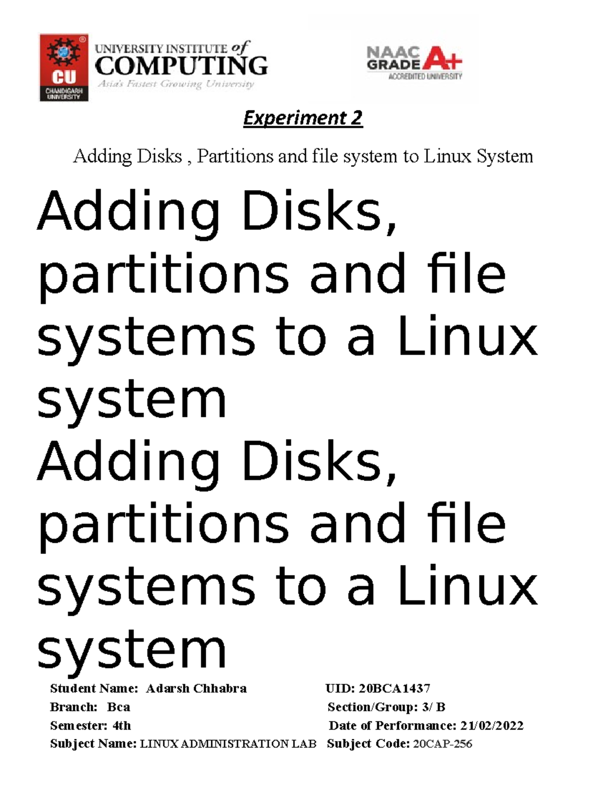Linux worksheet 2 adarsh chhabra - Experiment 2 Adding Disks ...