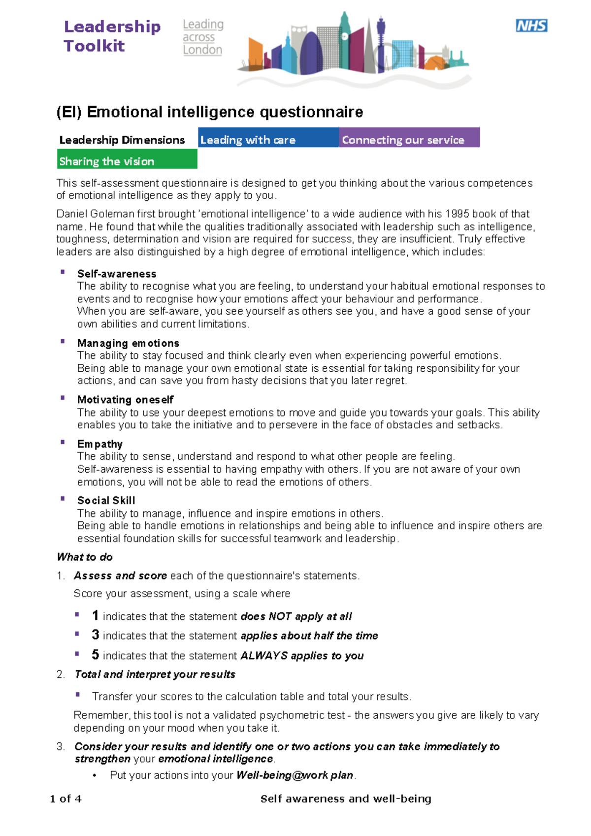 Emotional intelligence questionnaire - 1 of 4 Self awareness and well ...