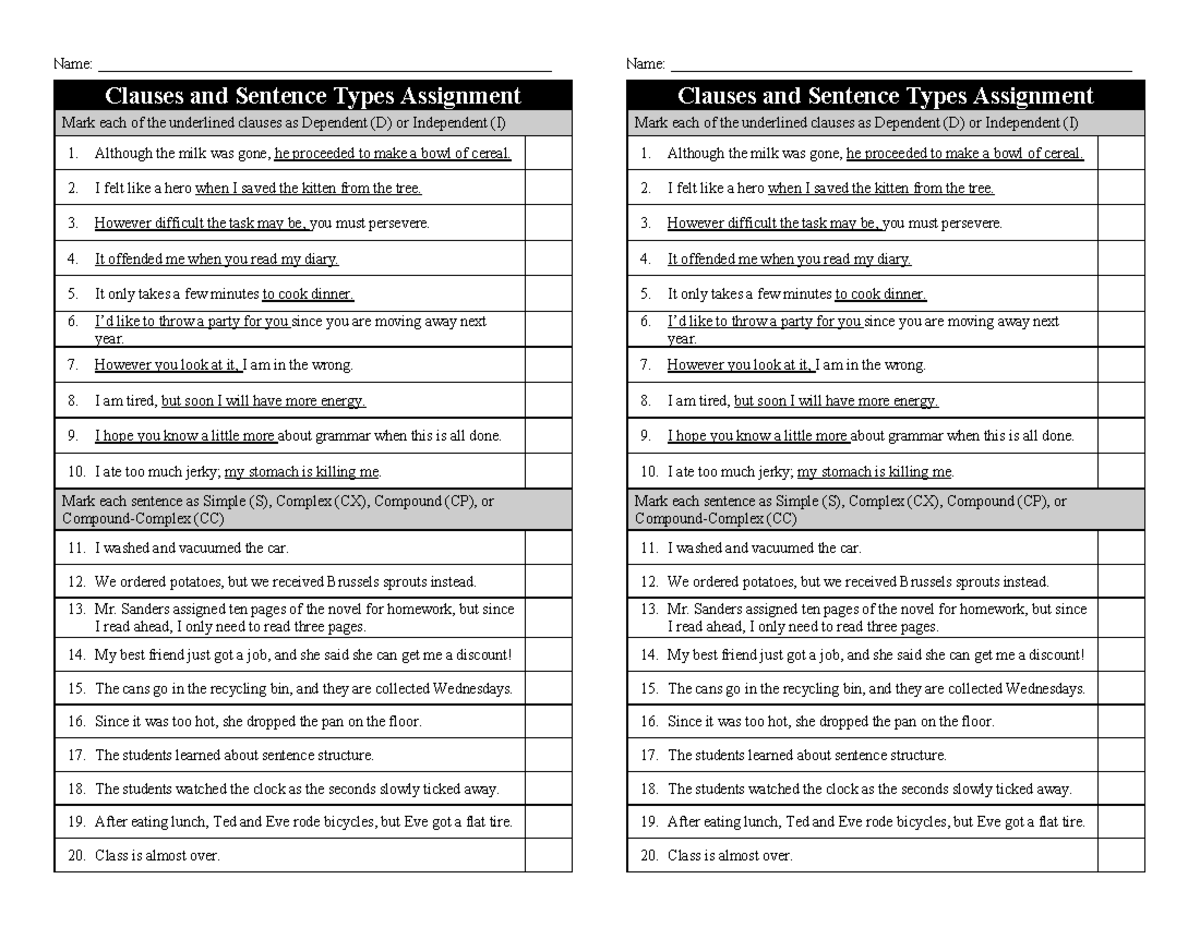Clauses and Sentence Types Assignment (PDF) - Name: - Studocu