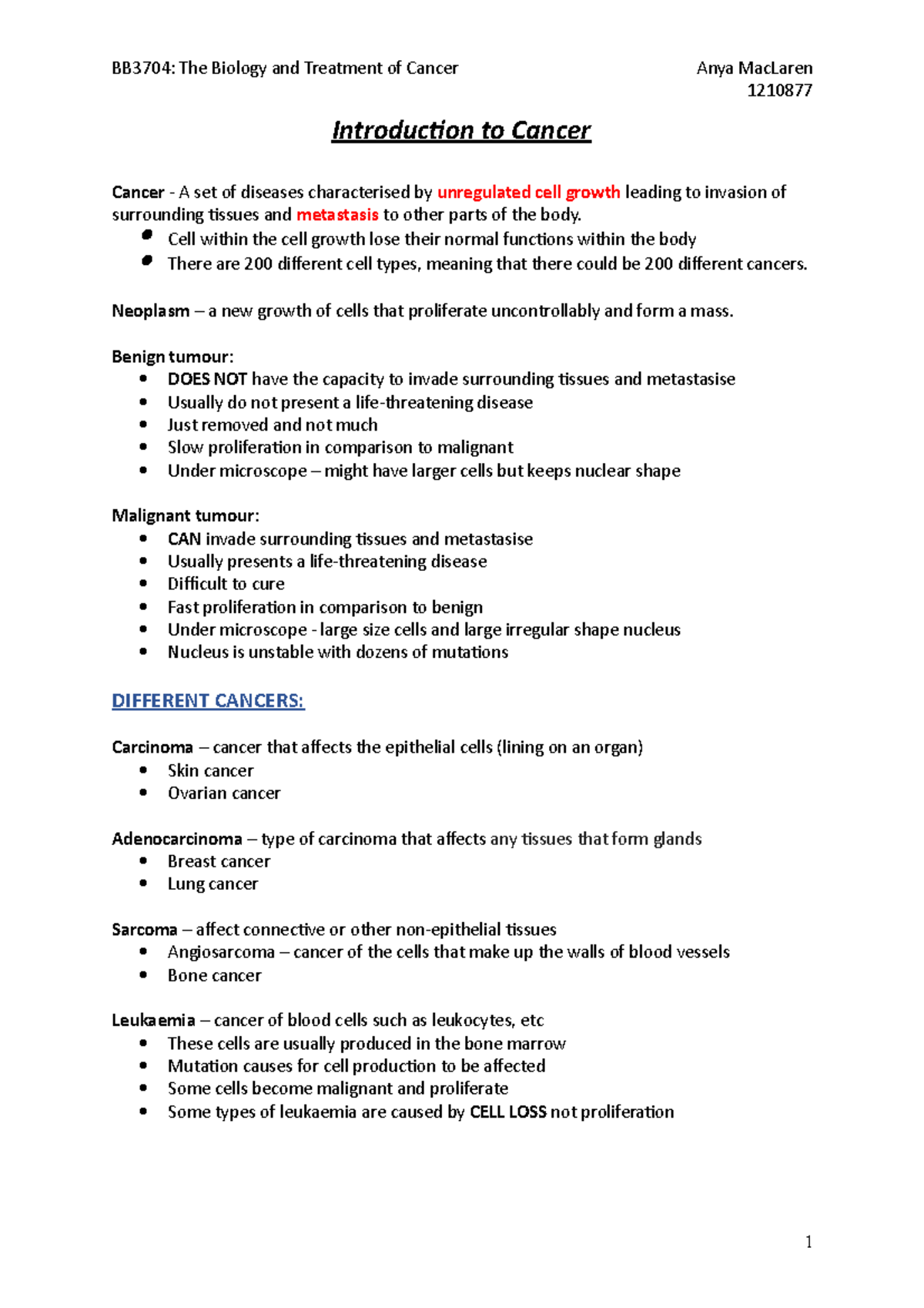 BB3704 Bio of Cancer - Lecture notes - 1210877 Introducion to Cancer ...
