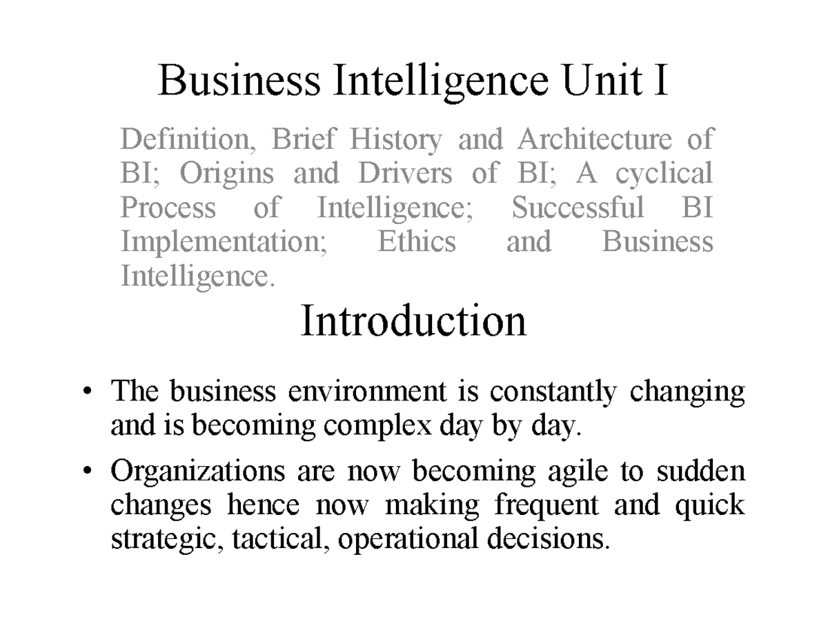 UNIT ONE BI - COURSE WORK - Business Intelligence Unit I Definition ...