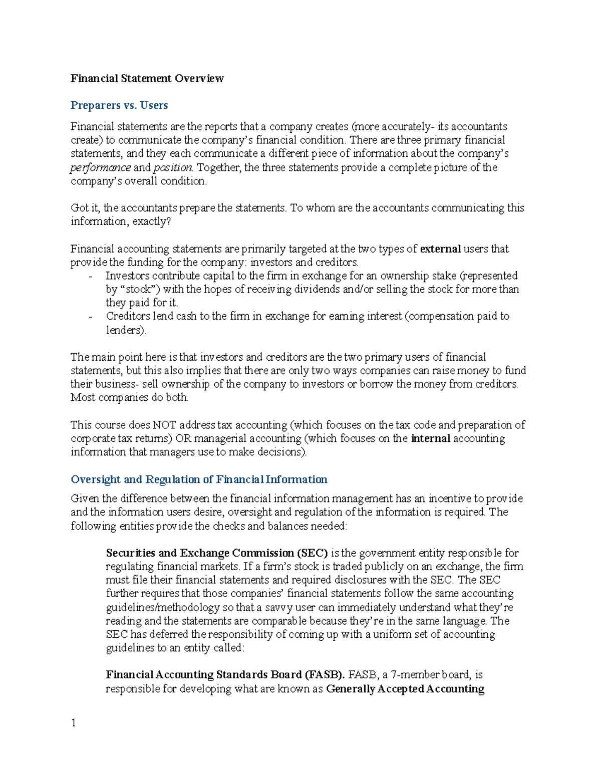 Section 1- Financial Statement Overview - Financial Statement Overview ...