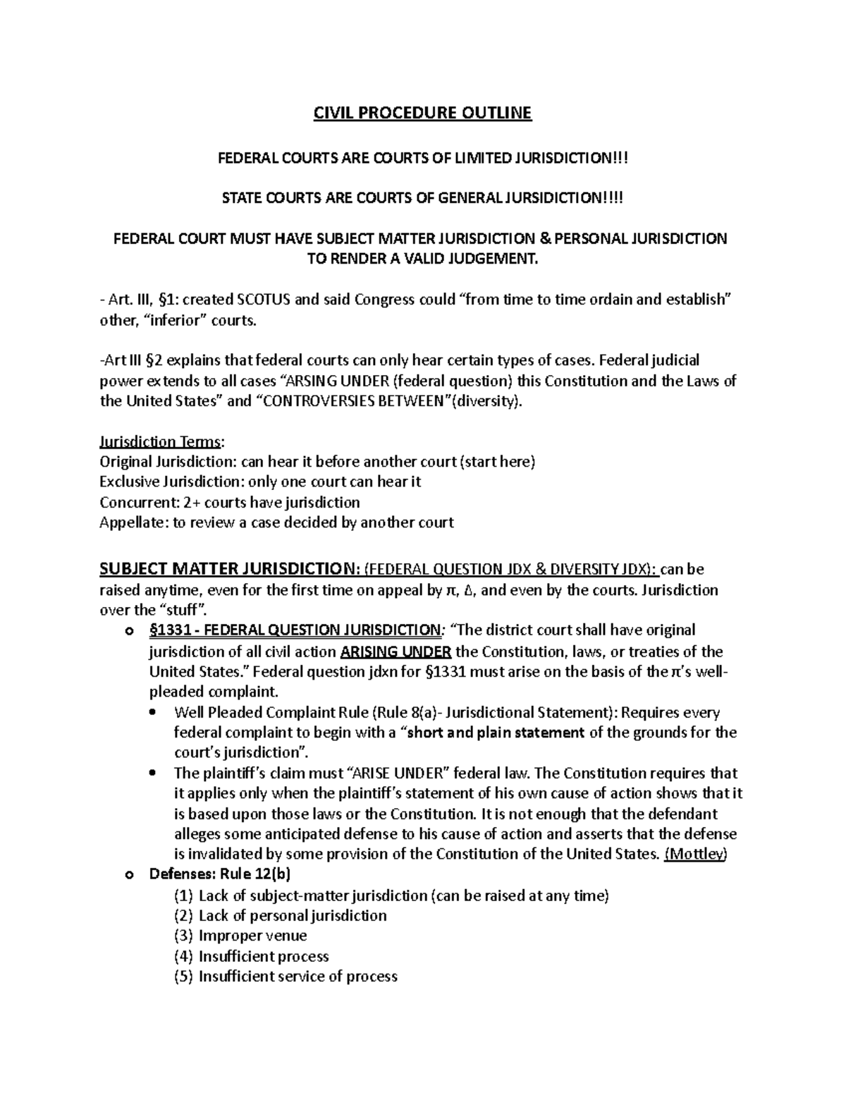 Civil Procedure Outline-3 - CIVIL PROCEDURE OUTLINE FEDERAL COURTS ARE ...