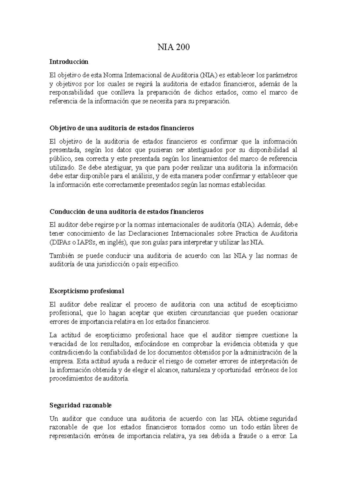 Resumen S3 - NIA 200 - Bartolomé - NIA 200 Introducción El objetivo de ...
