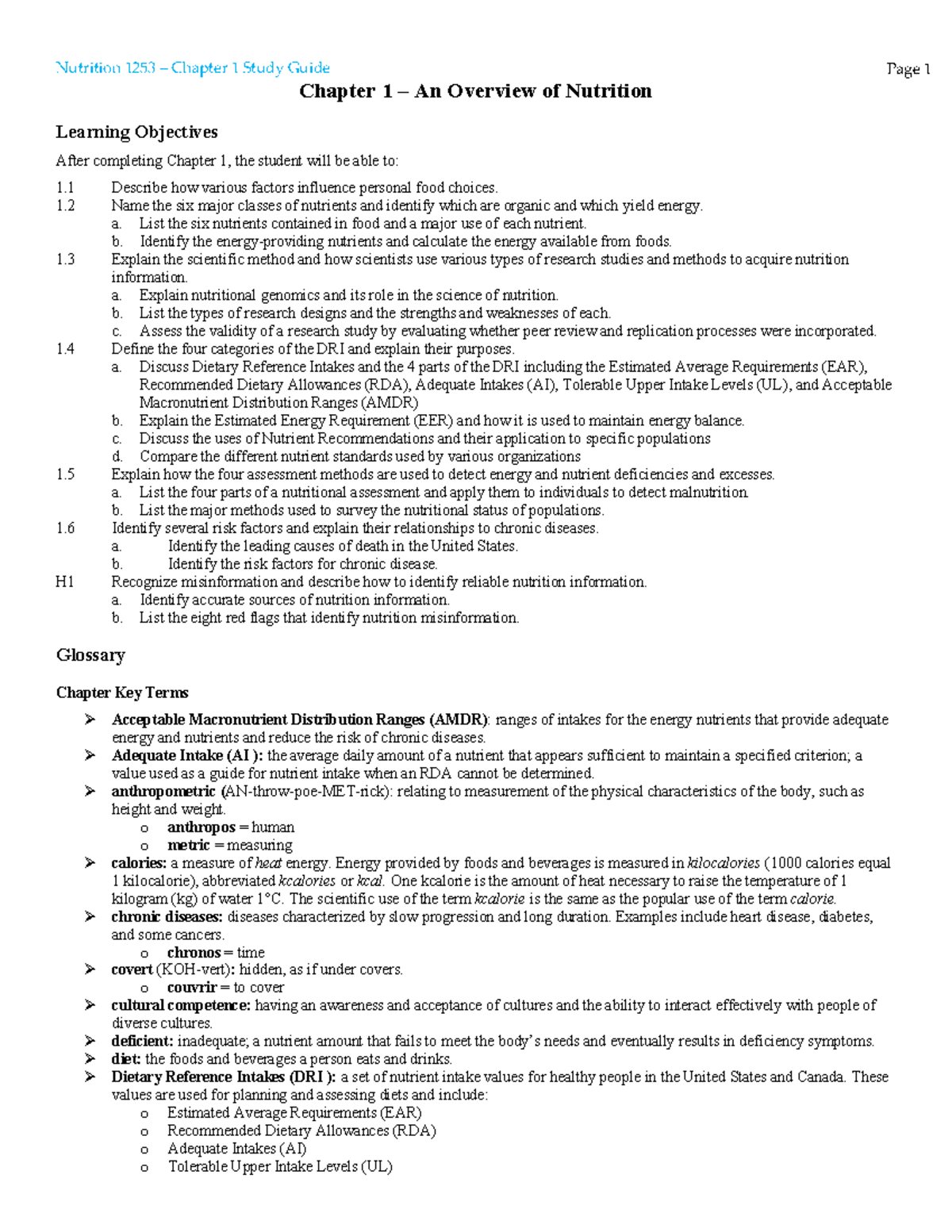 Chapter 1 – Study Guide - Chapter 1 – An Overview of Nutrition Learning ...