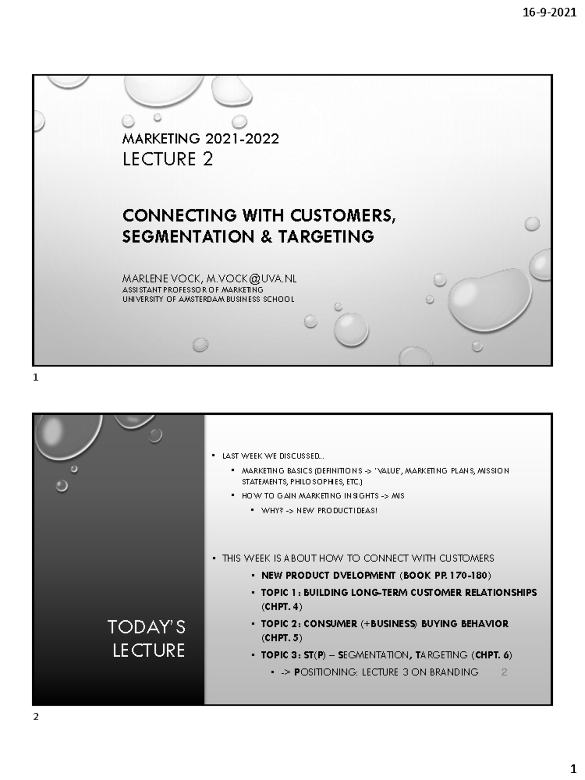 Lecture 2 Marketing UVA - ####### MARKETING 2021 - LECTURE 2 CONNECTING ...