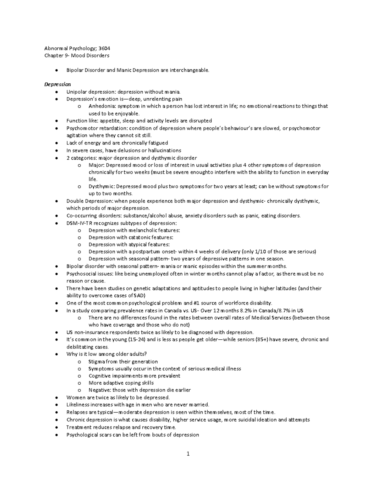 Revision Notes Abnormal Psych Chapter 9 - Abnormal Psychology; 3604 ...