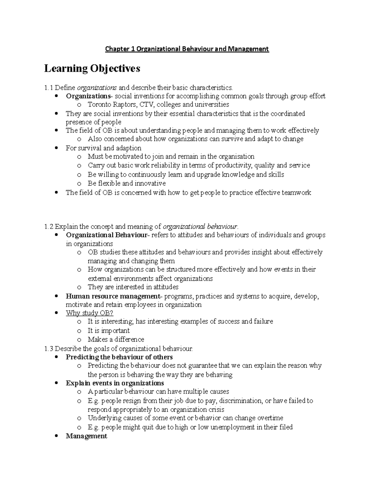 Chapter 1 - Chapter 1 Organizational Behaviour and Management Learning ...