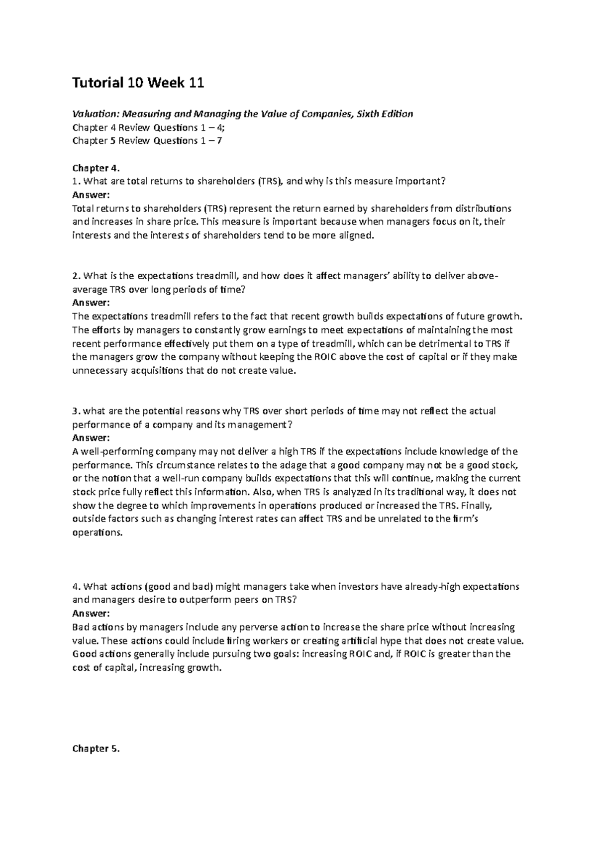 Tutorial 10 - Tutorial 10 Week 11 Valuation: Measuring and Managing the ...