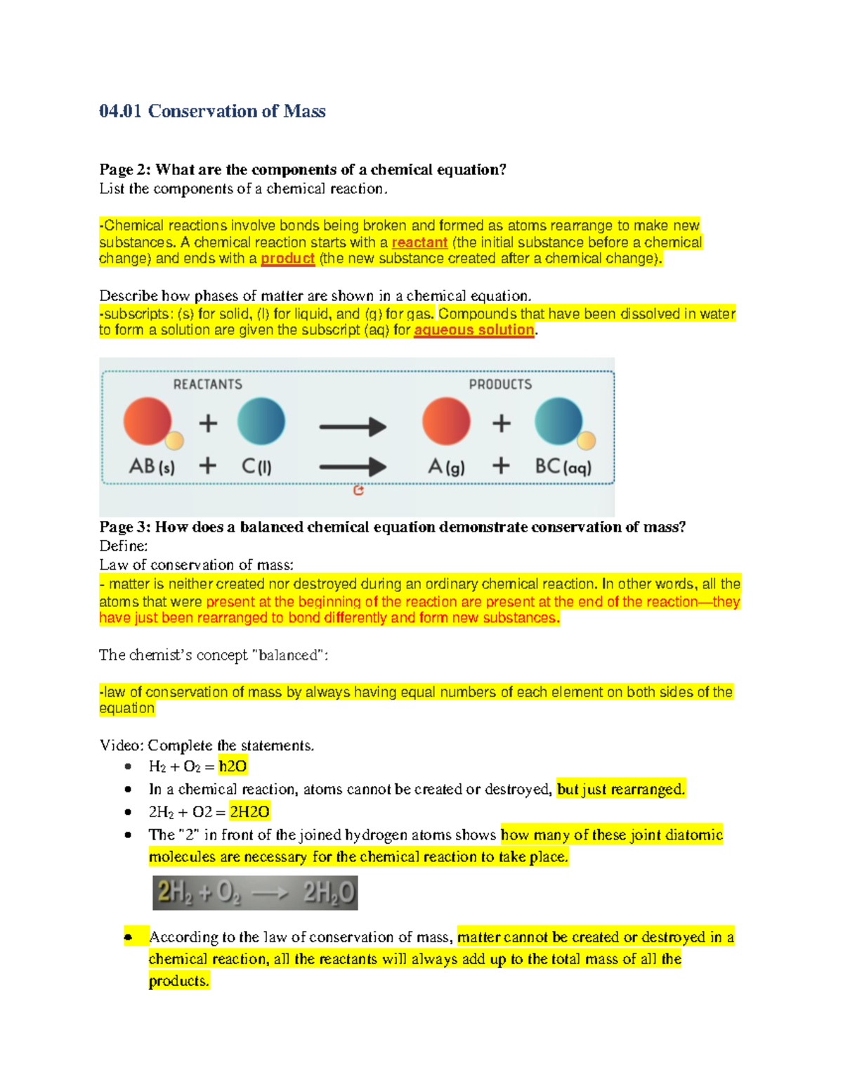 Reactions notes 04 - Chemistry module 4 - 04 Conservation of Mass Page ...