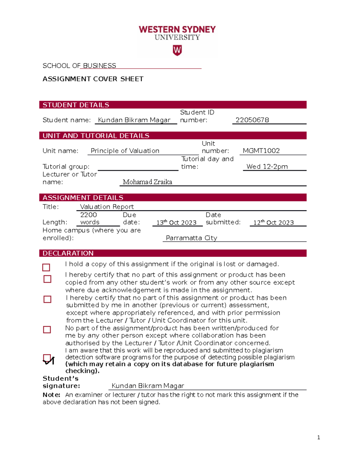Valuation Report - SCHOOL OF BUSINESS ASSIGNMENT COVER SHEET STUDENT ...