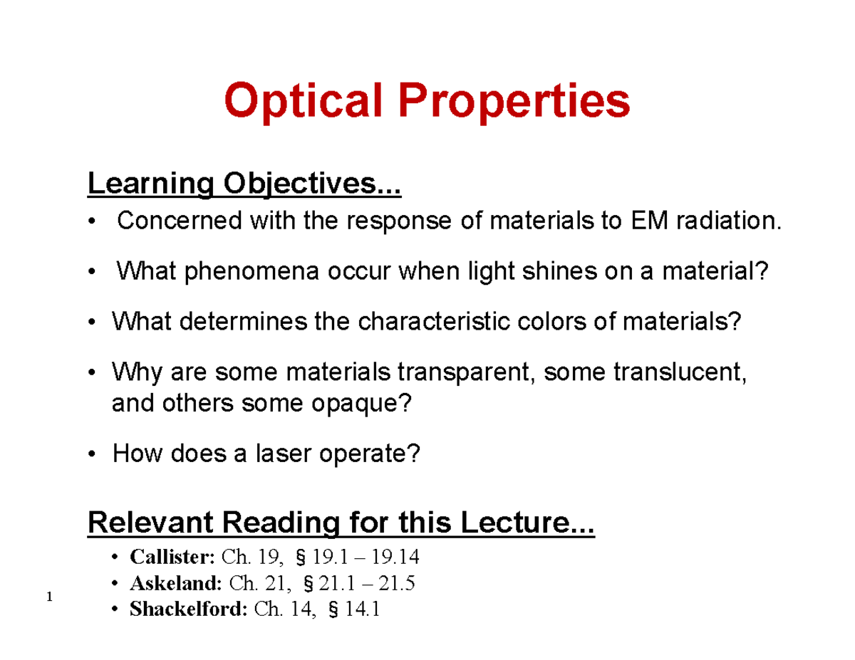 19 MTE 271 Optical properties F2017 - Optical Properties Learning ...