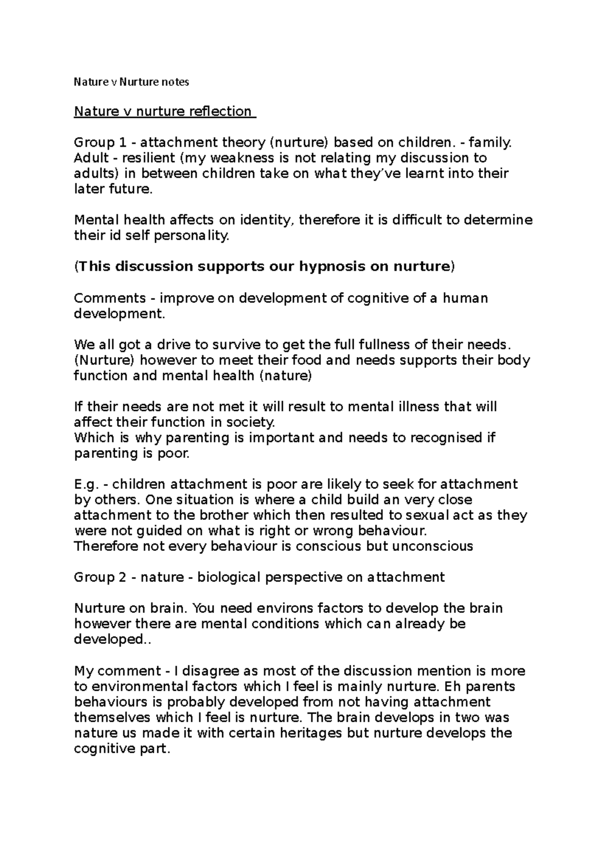 Nature v Nurture notes - Nature v Nurture notes Nature v nurture ...