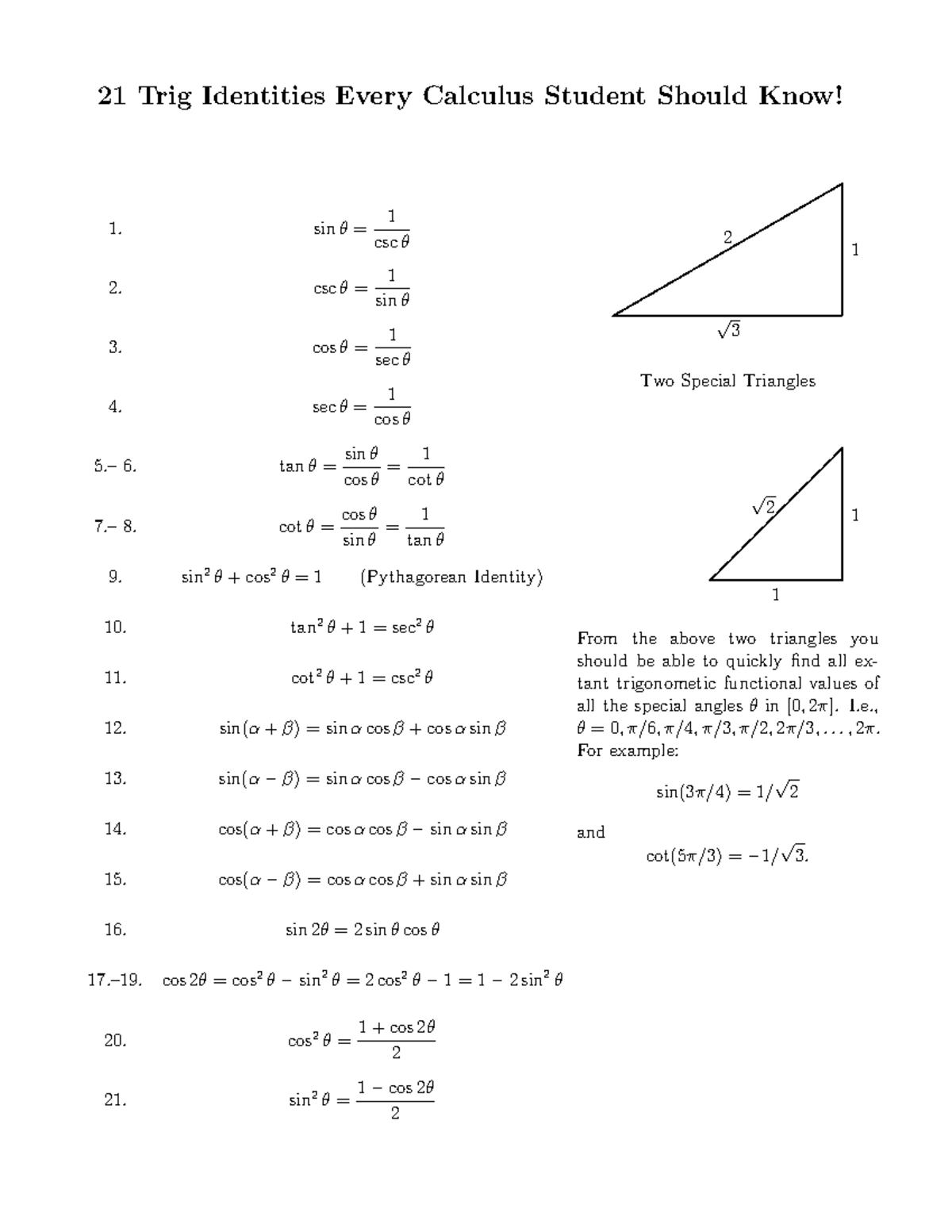 21Trig Identities - Summary Calculus II - 21 Trig Identities Every ...