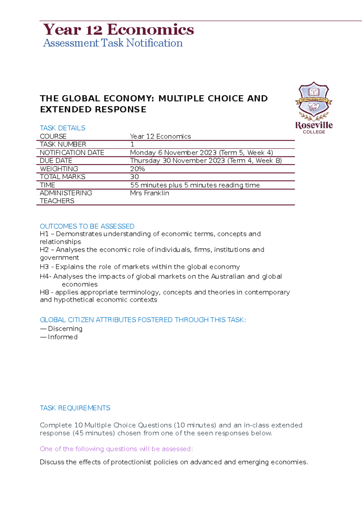 2024 Year 12 Economics Assessment Task 1 Notification -1 - THE GLOBAL ...