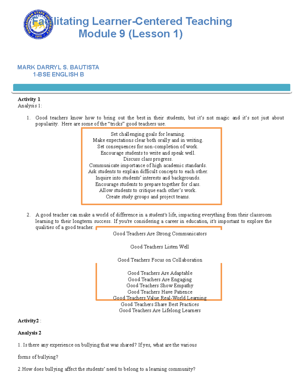 FLCT Module 9 Activities - Facilitating Learner Centered-Teaching - PangSU - Studocu