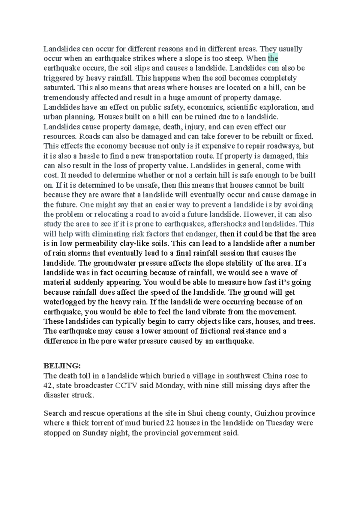 Landslide report - For student reference - Landslides can occur for ...