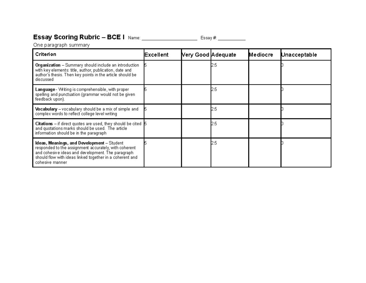 One+paragraph+rubric - Essay Scoring Rubric – BCE I Name ...