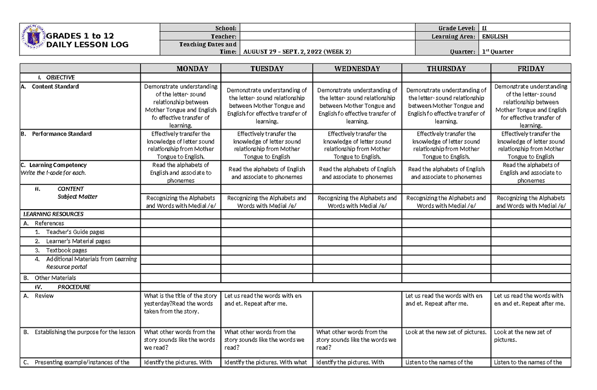 DLL English 2 Q1 W2 - for basis - GRADES 1 to 12 DAILY LESSON LOG ...