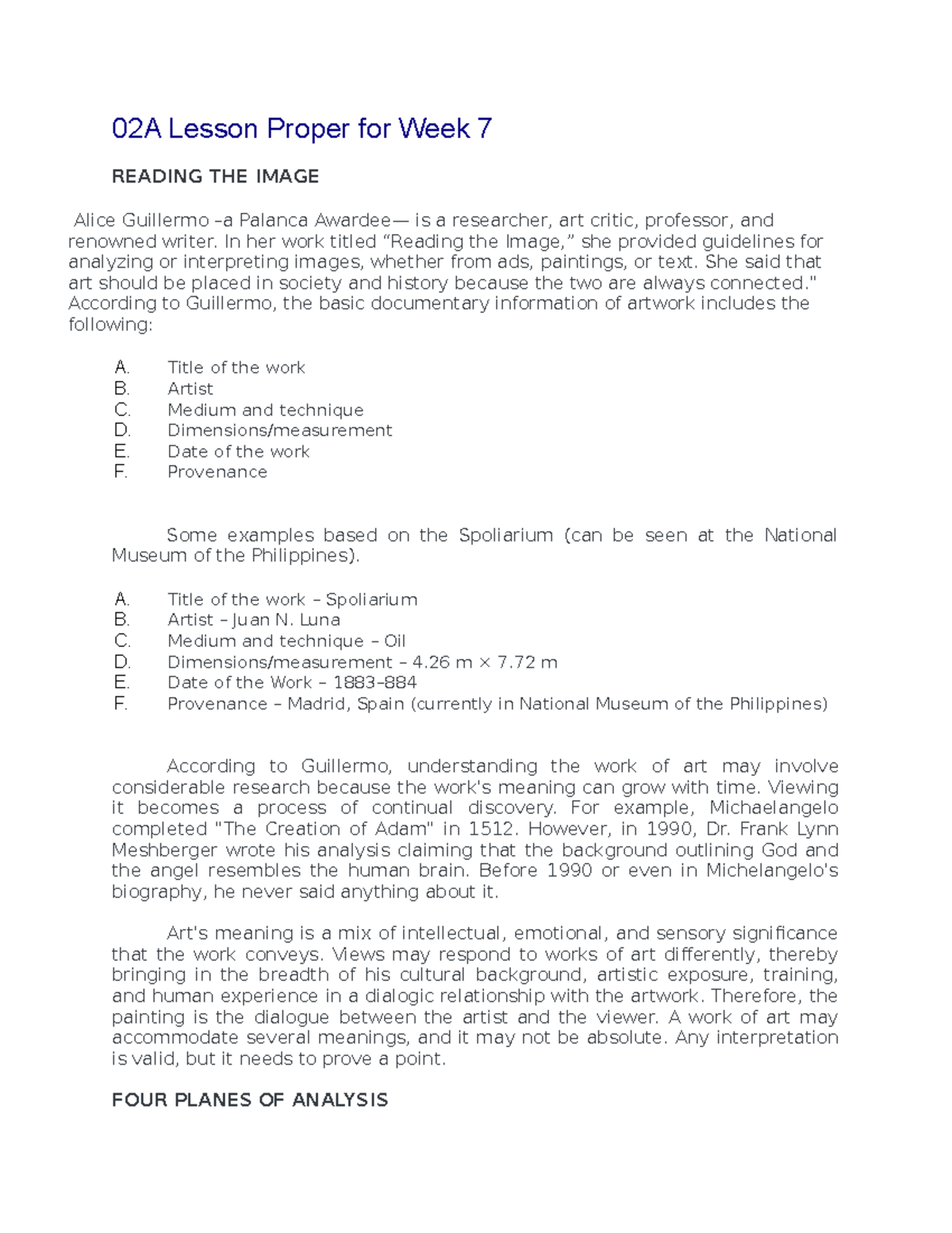 ART- Appreciation - 02A Lesson Proper for Week 7 READING THE IMAGE ...