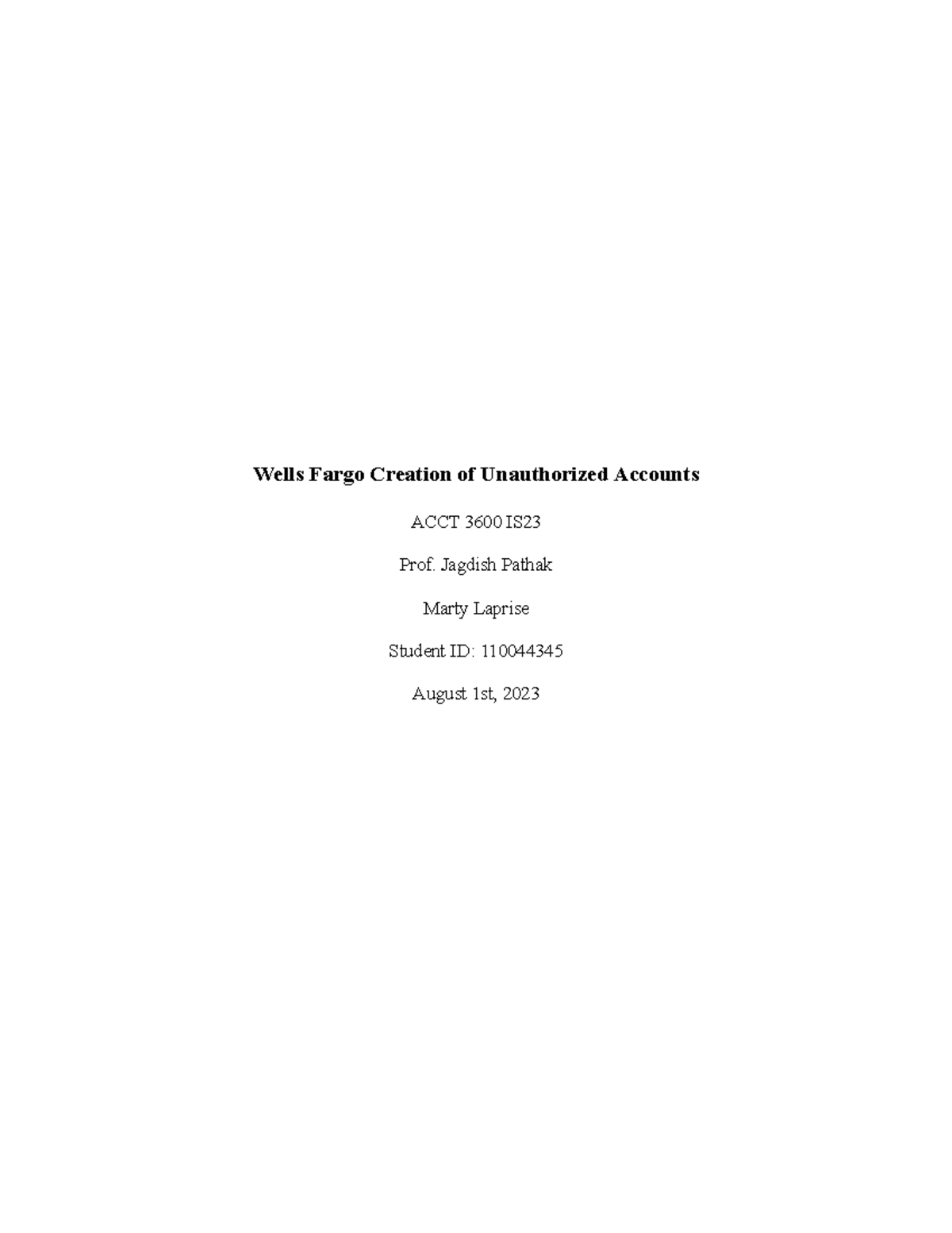 Wells Fargo Creation of Unauthorized Accounts - Jagdish Pathak Marty ...