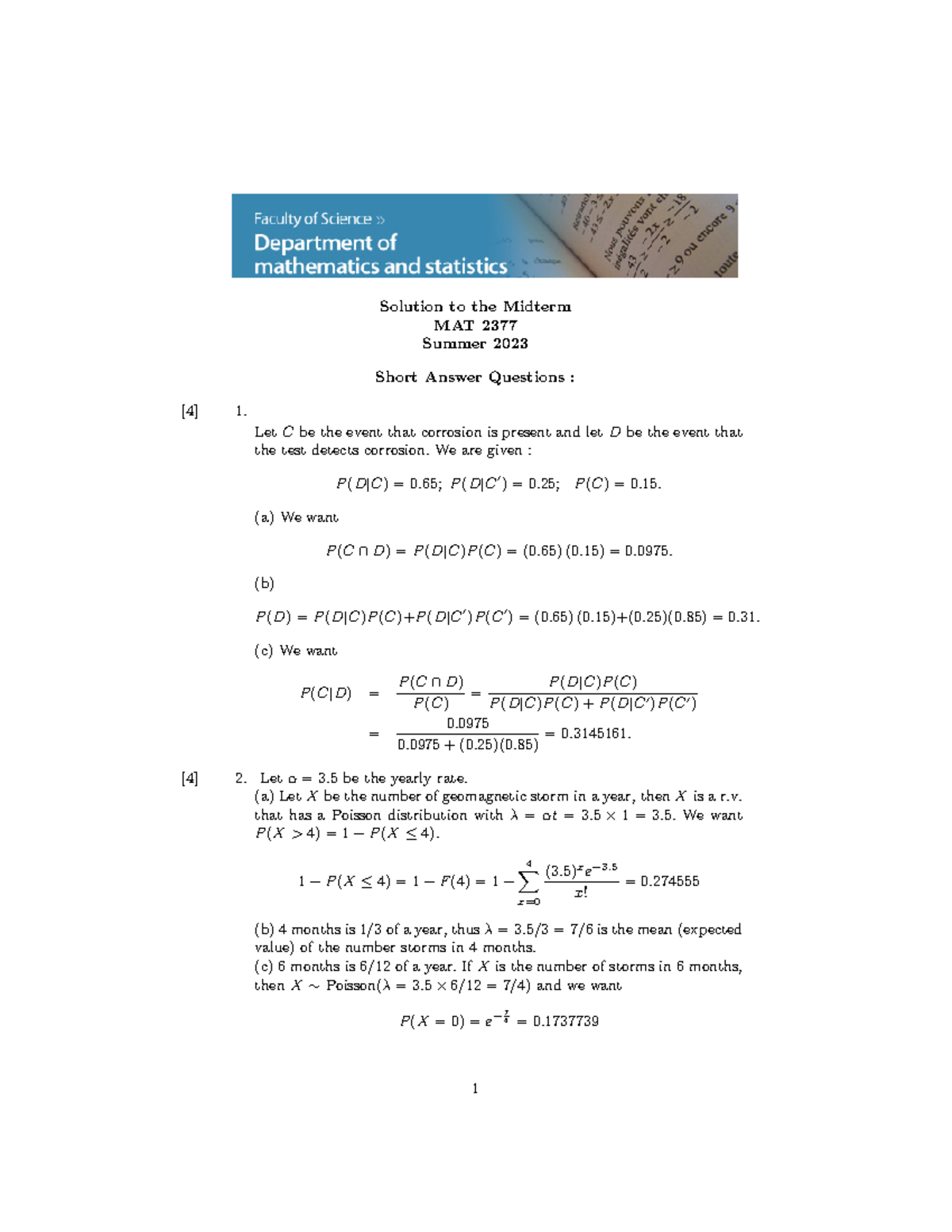 MAT2377 midterm-23Summer Solution - Solution to the Midterm MAT 2377 ...