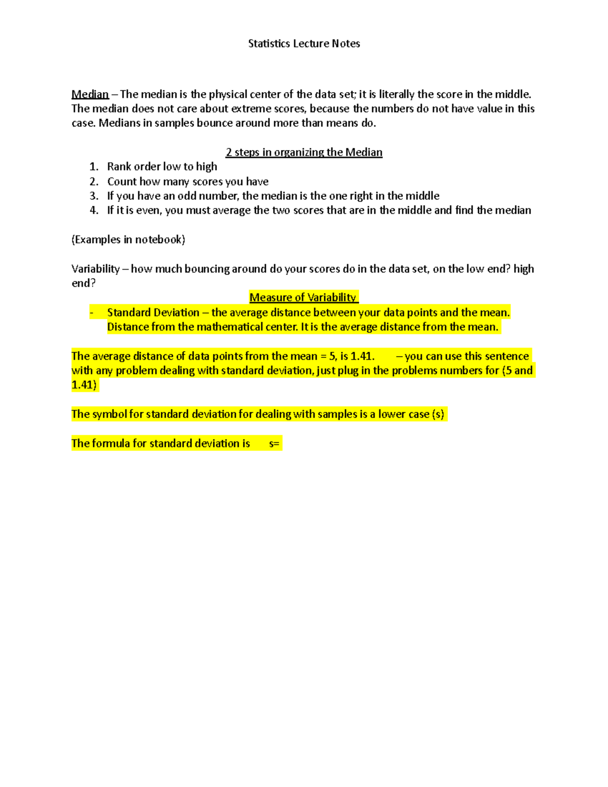 Stats Lecture Notes Quiz 2 - Statistics Lecture Notes Median – The ...