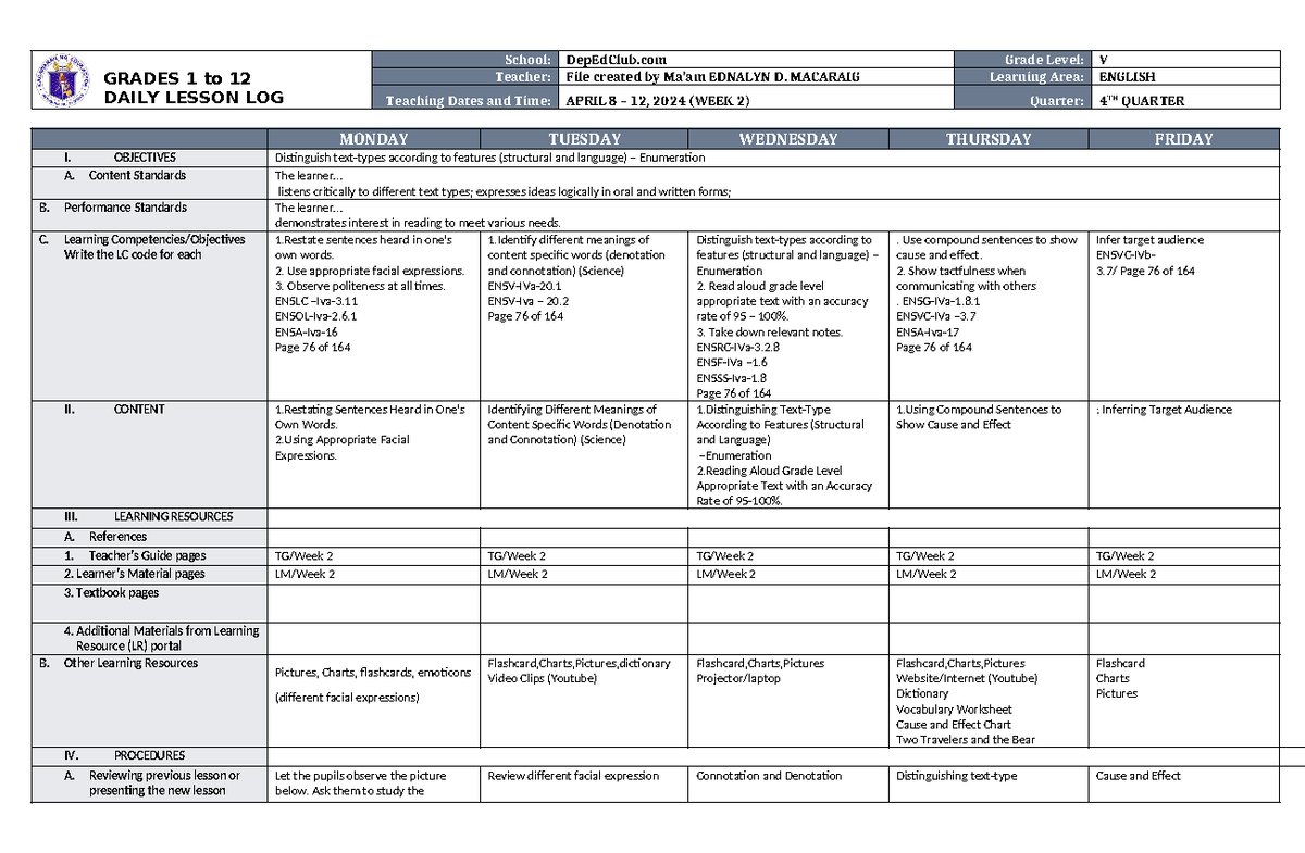 DLL English 5 Q4 W2 - DLL eme - GRADES 1 to 12 DAILY LESSON LOG School ...