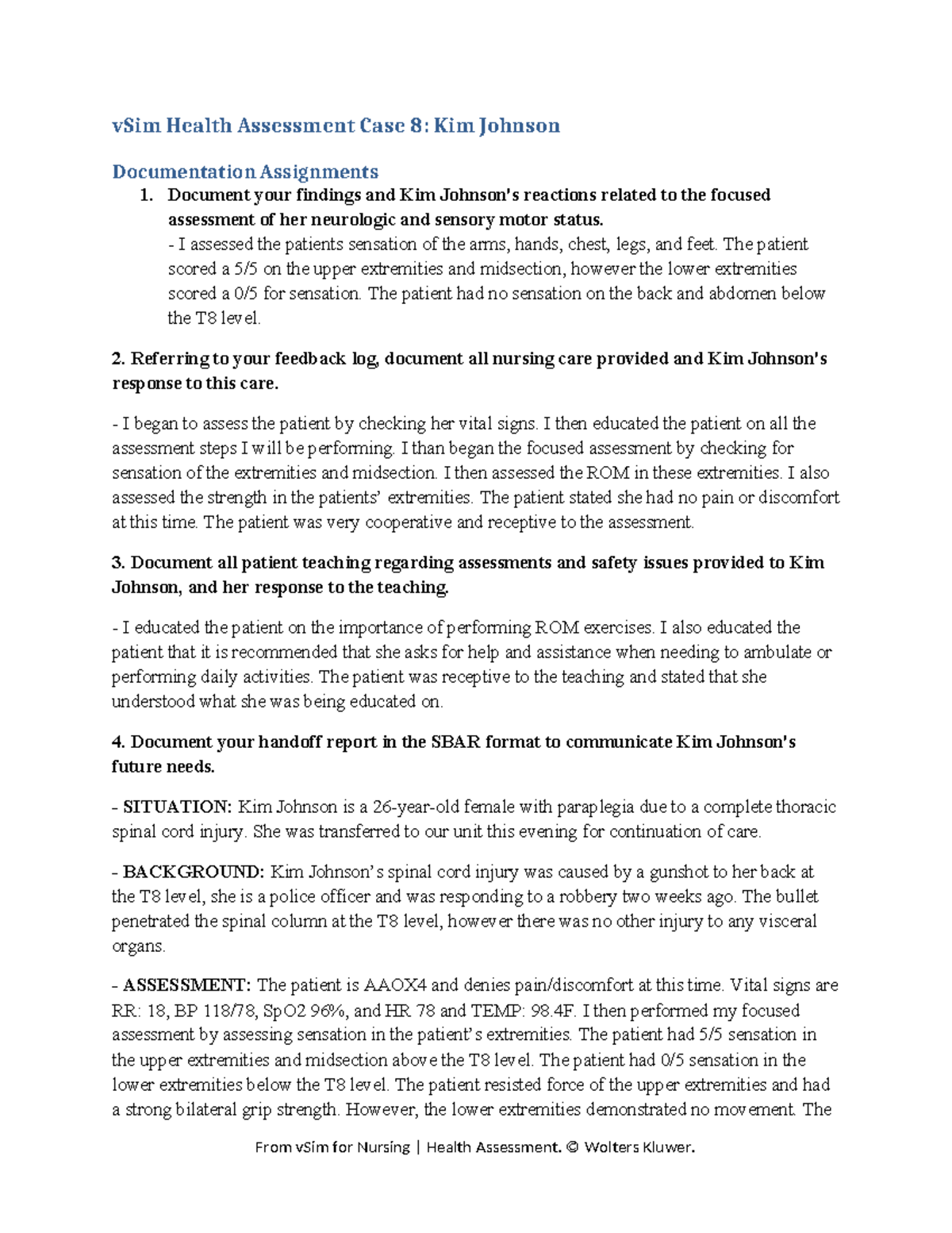 KIM 1 - Vsims Assignment - vSim Health Assessment Case 8: Kim Johnson ...