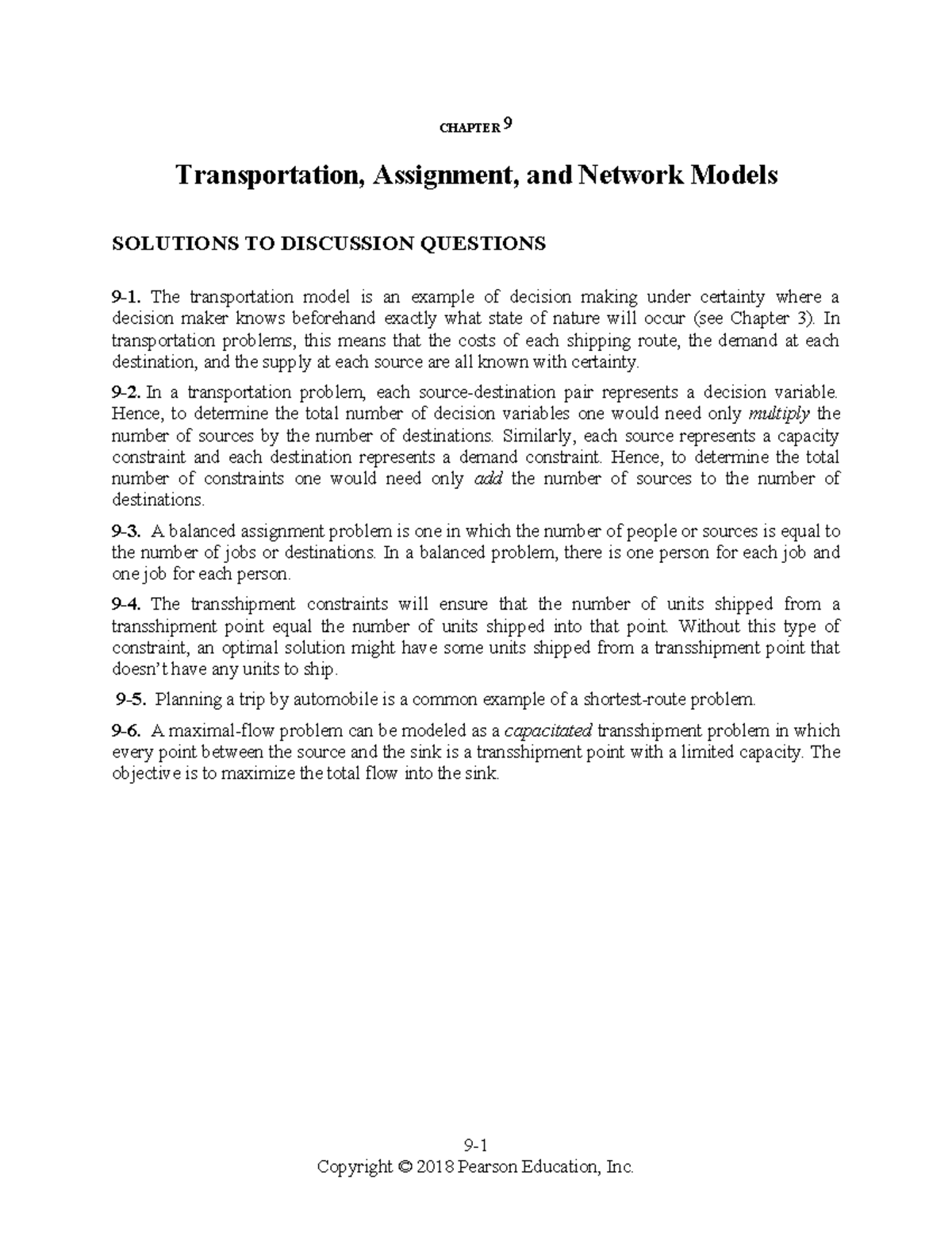 Ch 9 Discussion Questions - CHAPTER 9 Transportation, Assignment, and Network Models SOLUTIONS ...