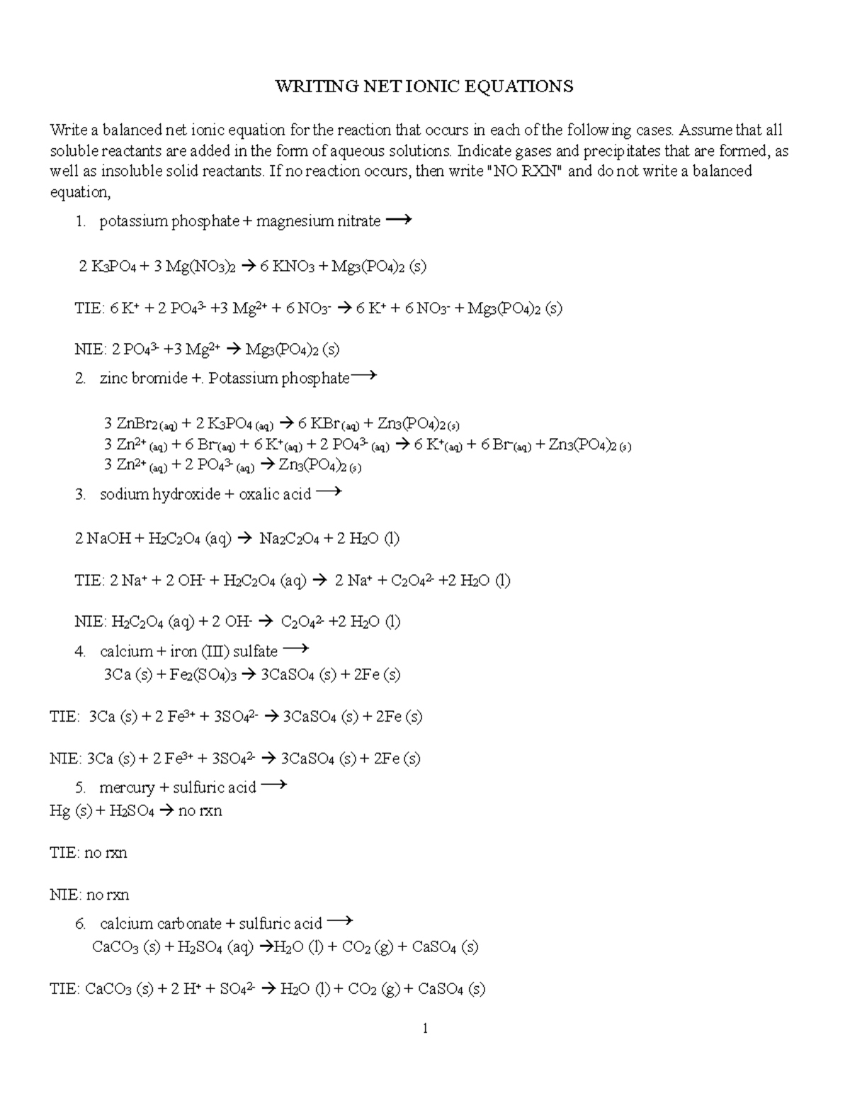 Chem Writing Net Ionic Equations - WRITING NET IONIC EQUATIONS Write a ...