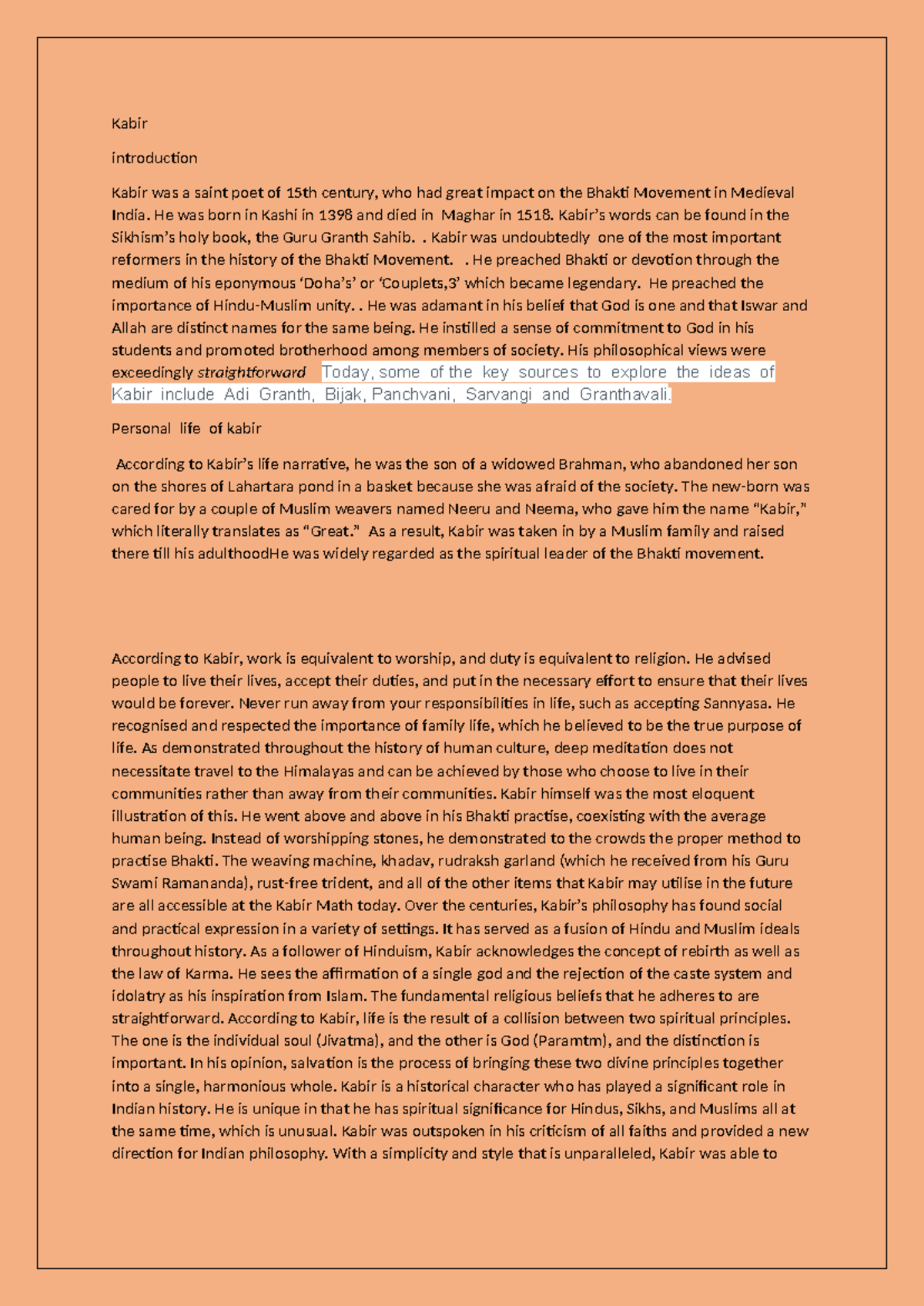 Kabir - Summary Indian Political Thought-I - Kabir introduction Kabir ...