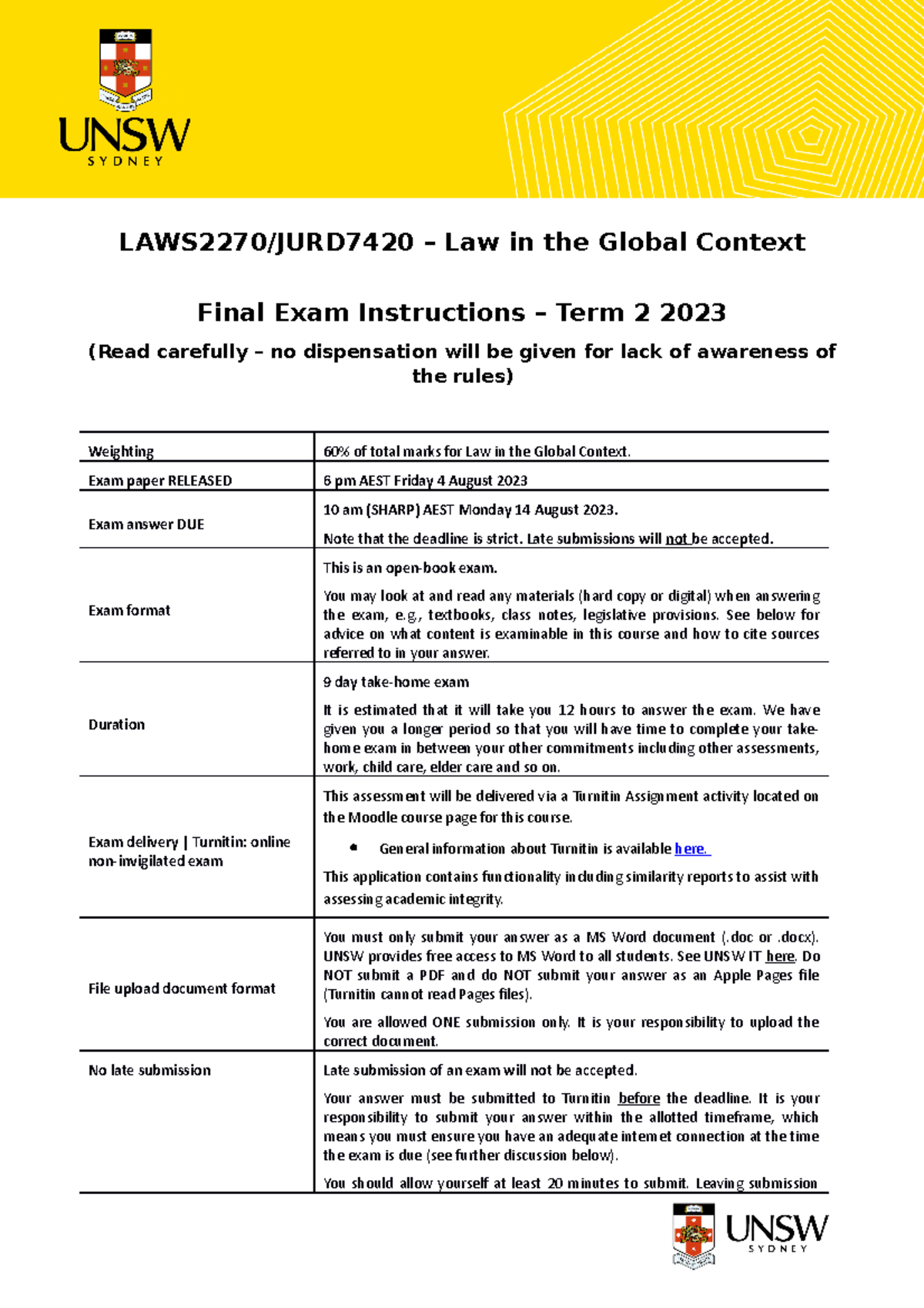 2023 LGC Take Home Exam Instructions - LAWS2270/JURD7420 – Law in the ...