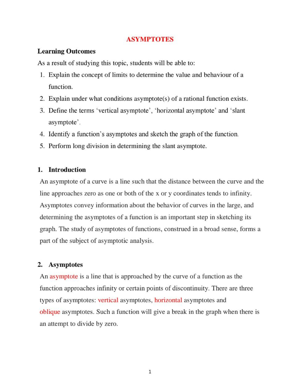 Lesson 2 Asymptotes-1 - Lecture notes - ASYMPTOTES Learning Outcomes As ...