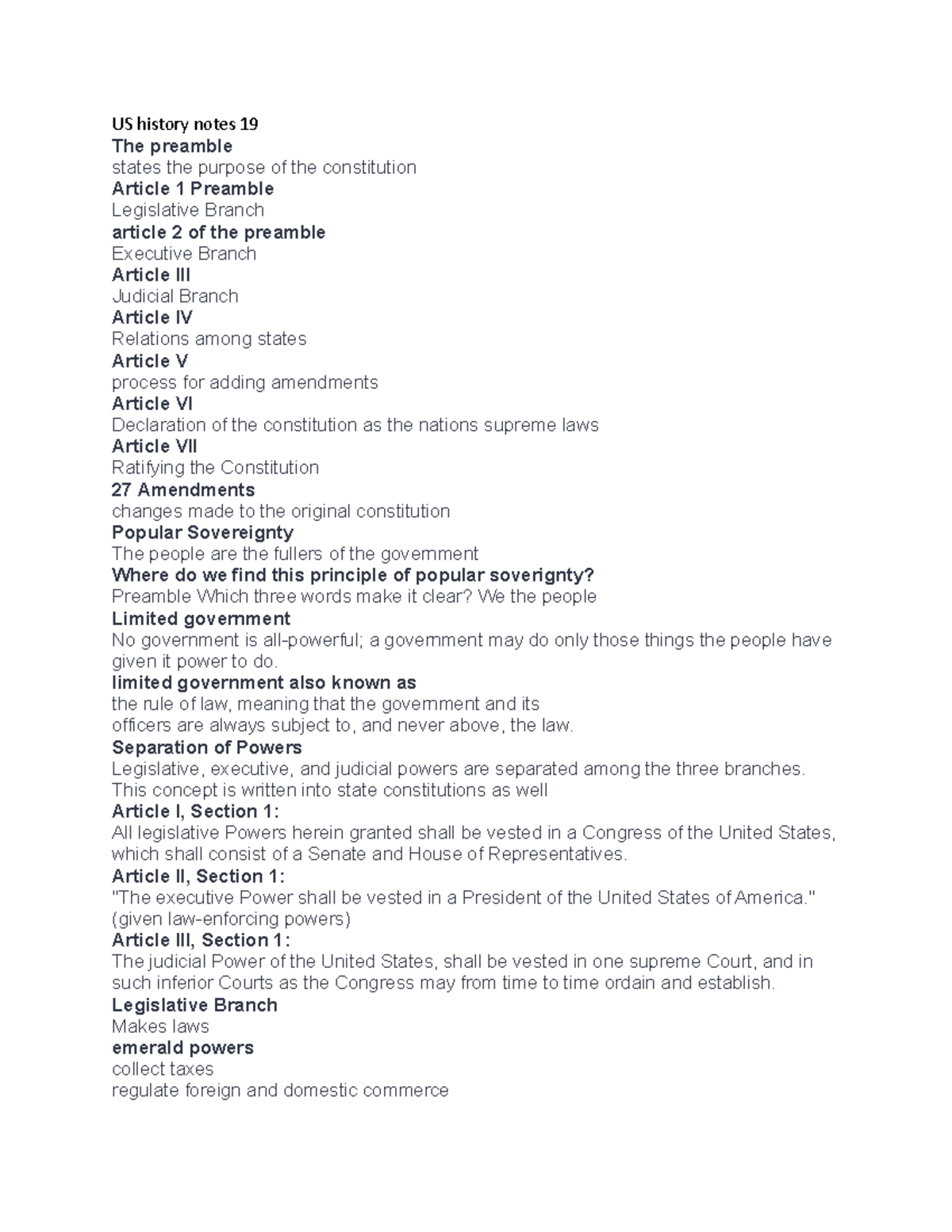 US history notes 17 - limited government also known as the rule of law ...