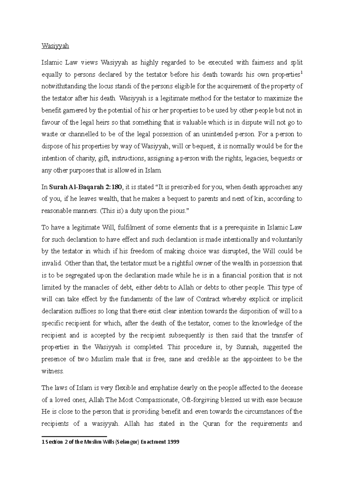 Wasiyyah - notes - Wasiyyah Islamic Law views Wasiyyah as highly ...