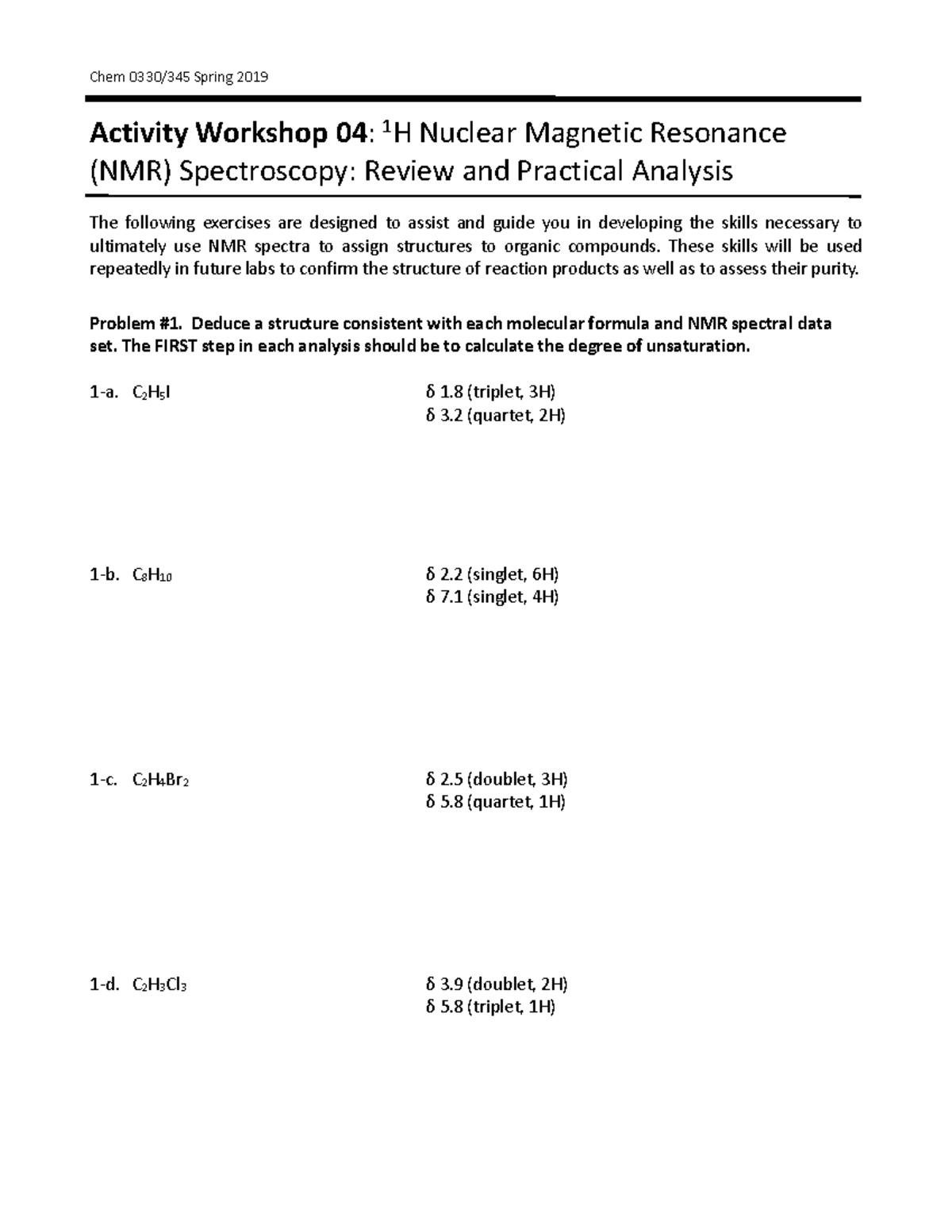 Activity 4 Assignment - 1H Nuclear Magnetic Resonance (NMR ...