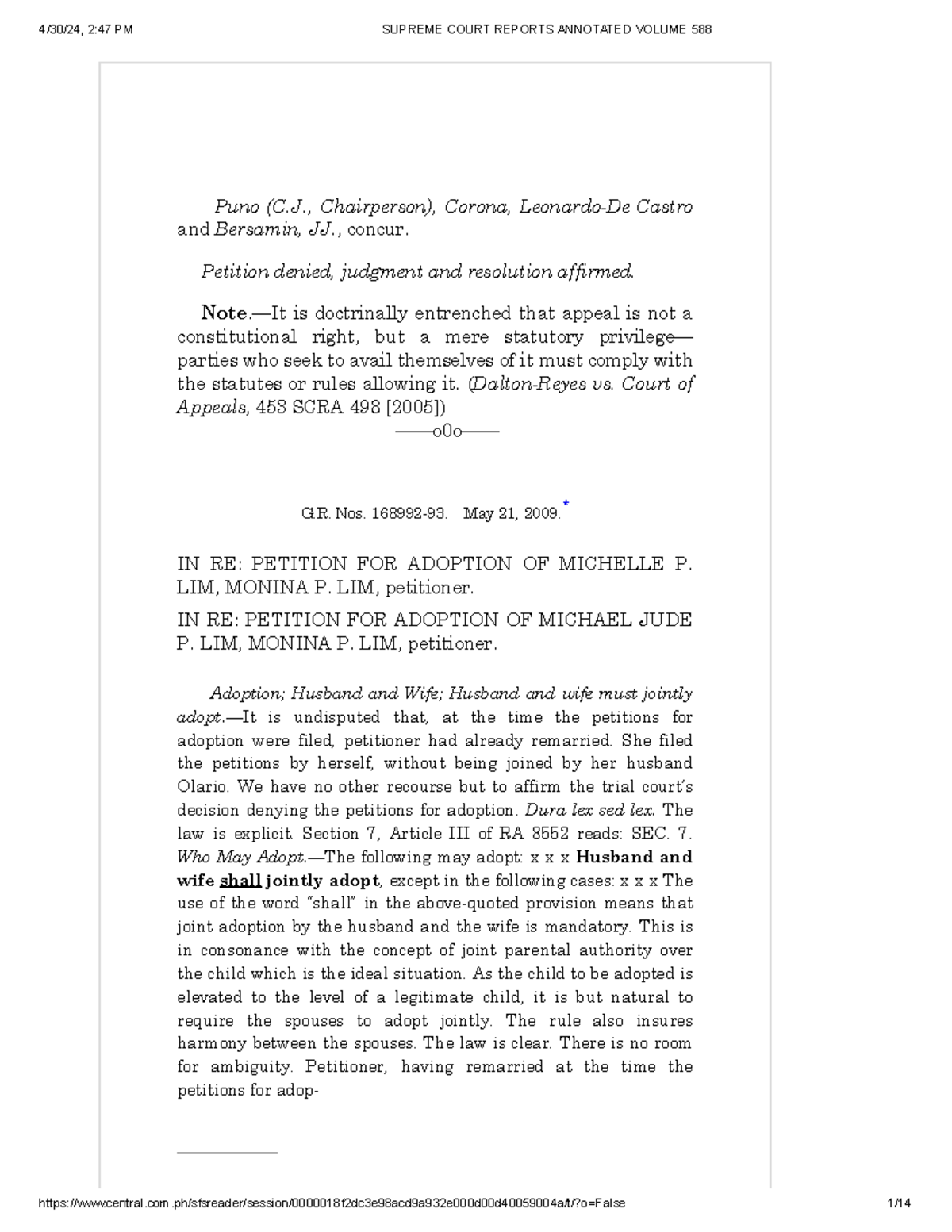 3-In Re Adoption of Michelle Lim (2009 ) - Puno (C., Chairperson ...