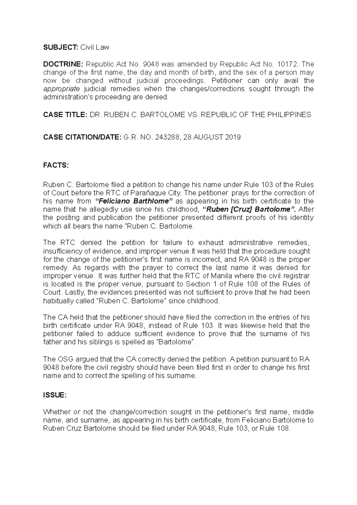 DR.- Ruben-C - case digest - SUBJECT: Civil Law DOCTRINE: Republic Act ...