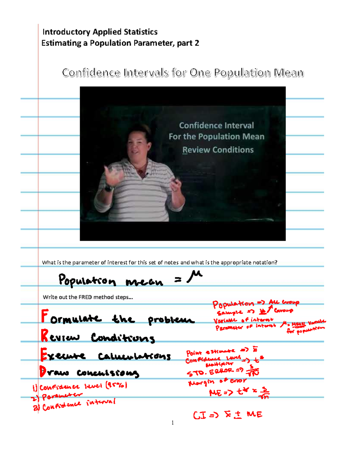Estimating a Population Parameter, part 2, Guided Notes ...