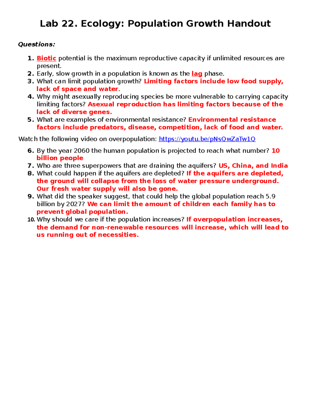 Lab 22. Population Growth Limitations of the Environment Handout - Lab ...