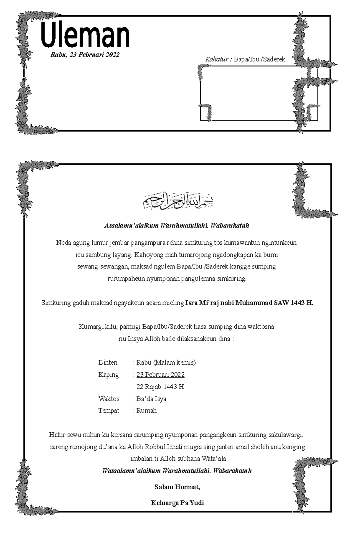 Undangan rajaban - Assalamu’alaikum Warahmatullahi. Wabarakatuh Neda ...