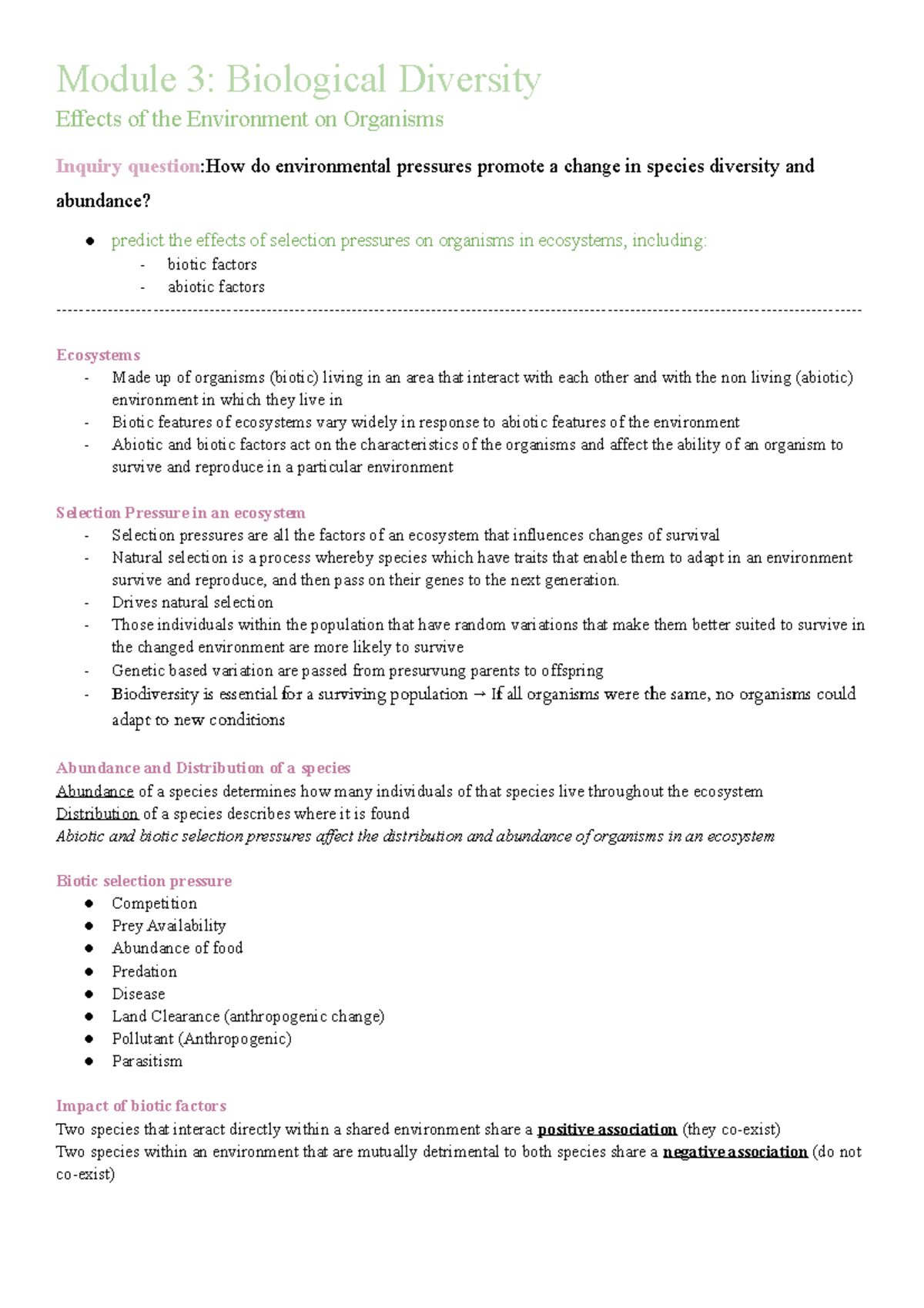 Bio Module three and four - Module 3: Biological Diversity Effects of ...