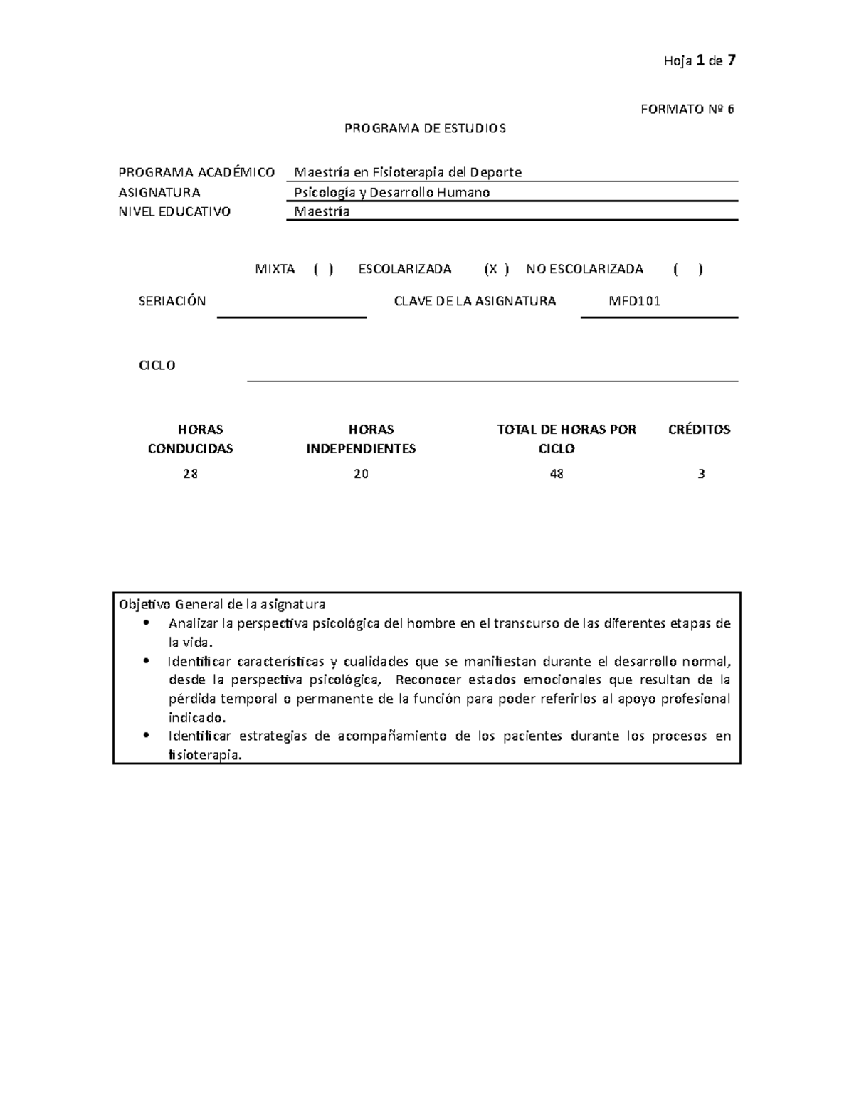 3 101 Psic y Des Hum - Para recordar, ideas. - FORMATO Nº 6 PROGRAMA DE ...