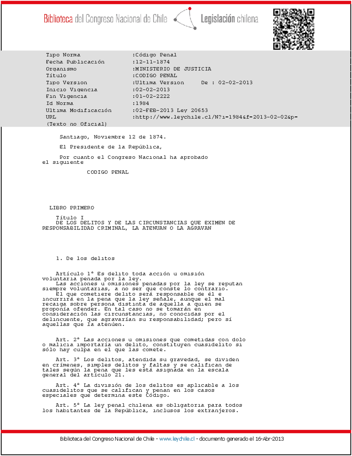 1874 cod-penal chile 0 - .......... - Tipo Norma :Código Penal Fecha ...