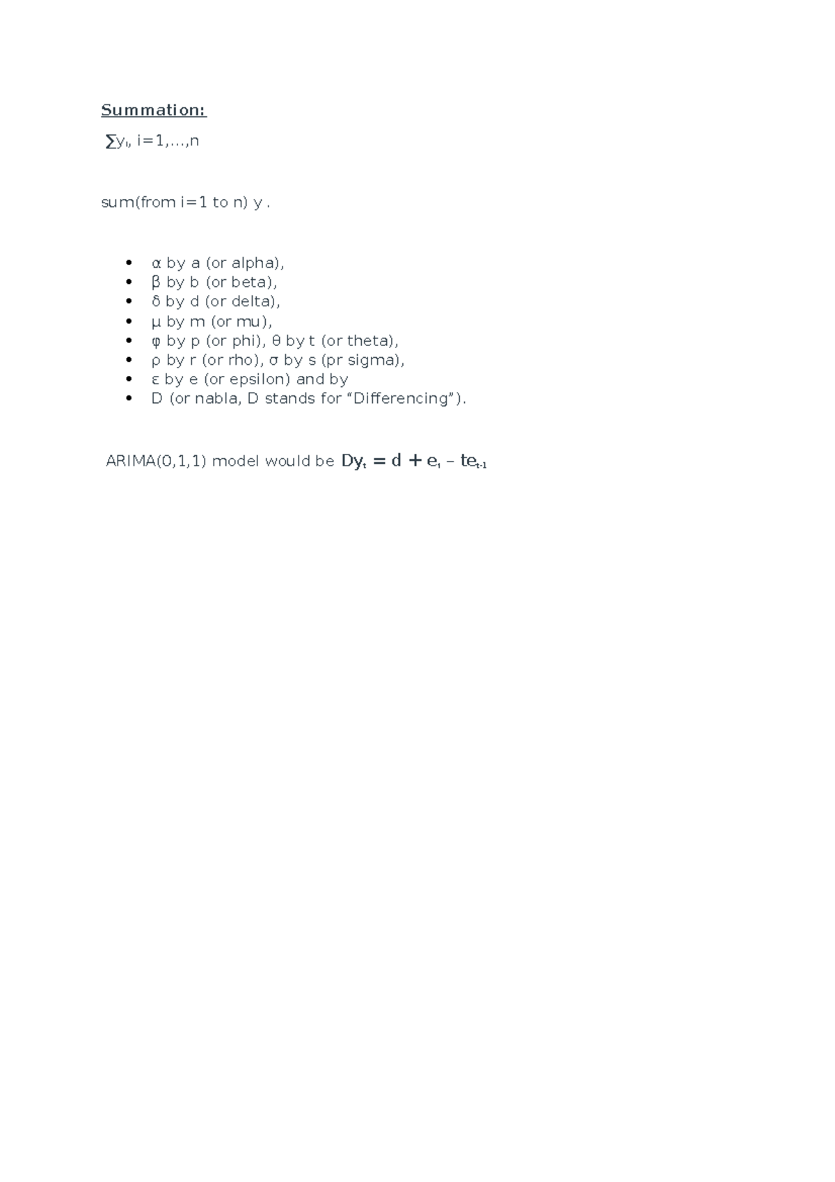 Syntax sheet - For All Formulas - Summation: ∑yi, i=1,...,n sum(from i ...
