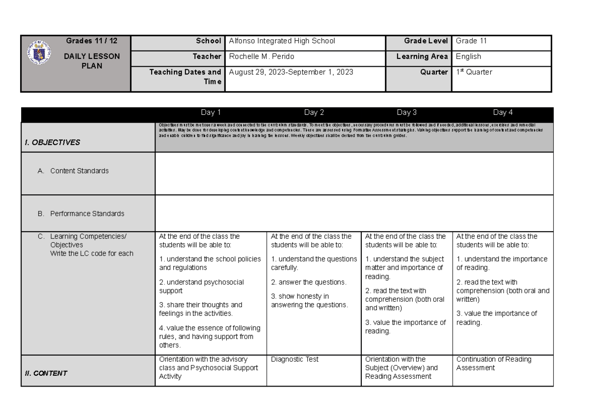 RMP-Week 1-OCC - Daily Lesson Log in Oral Communication - Grades 11 / ...
