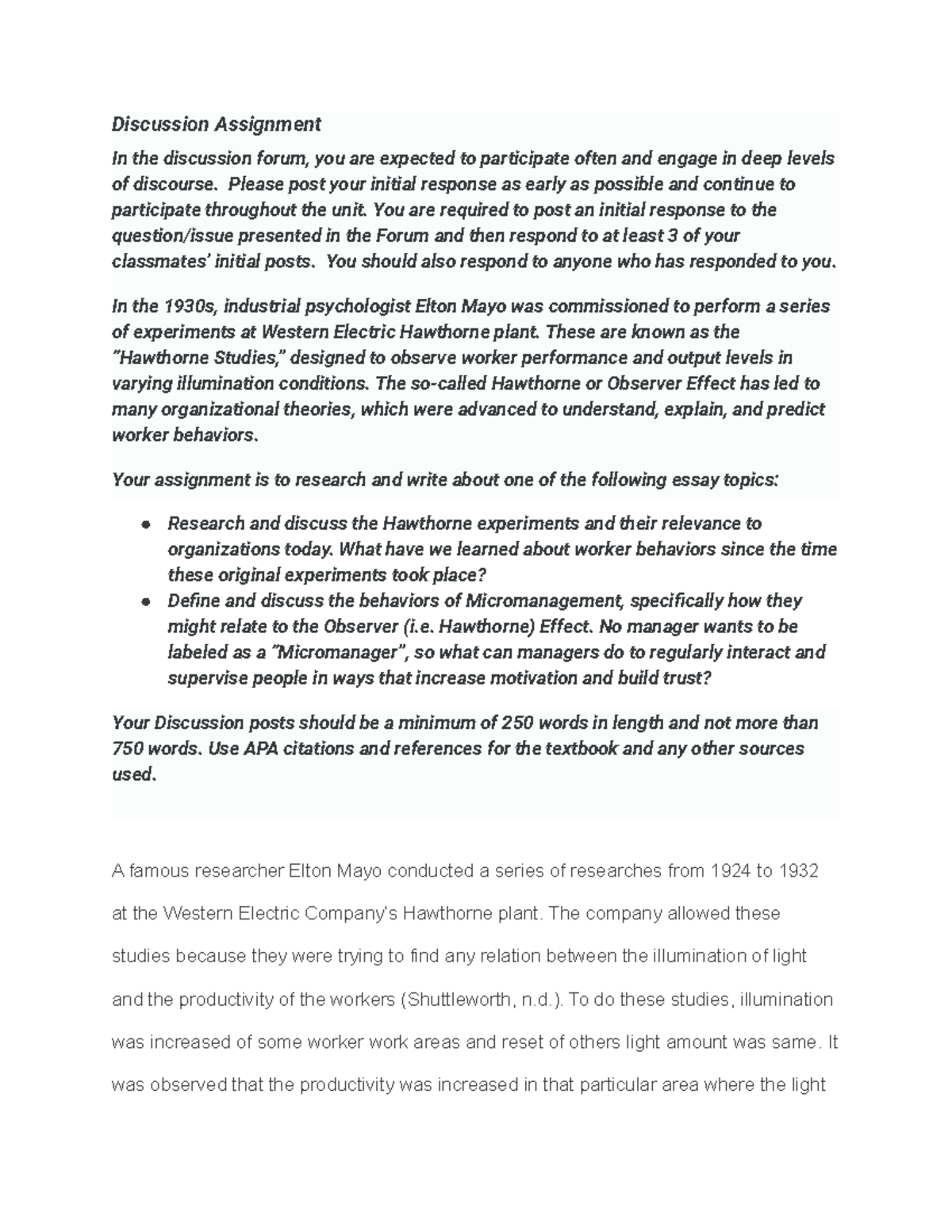 Discussion Forum Unit 1 - Discussion Assignment In the discussion forum ...