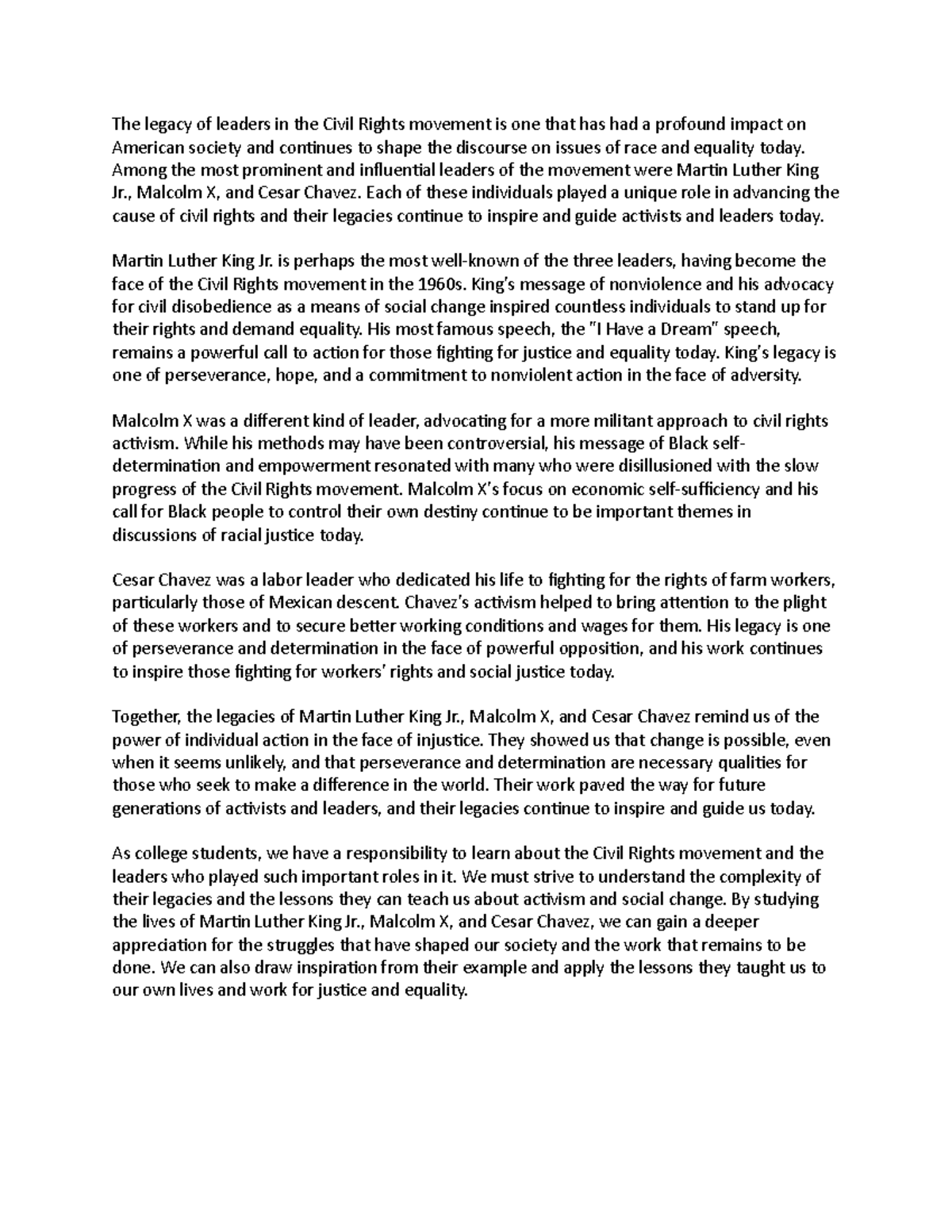 The legacy of leaders in the Civil Rights movement is one that has had ...